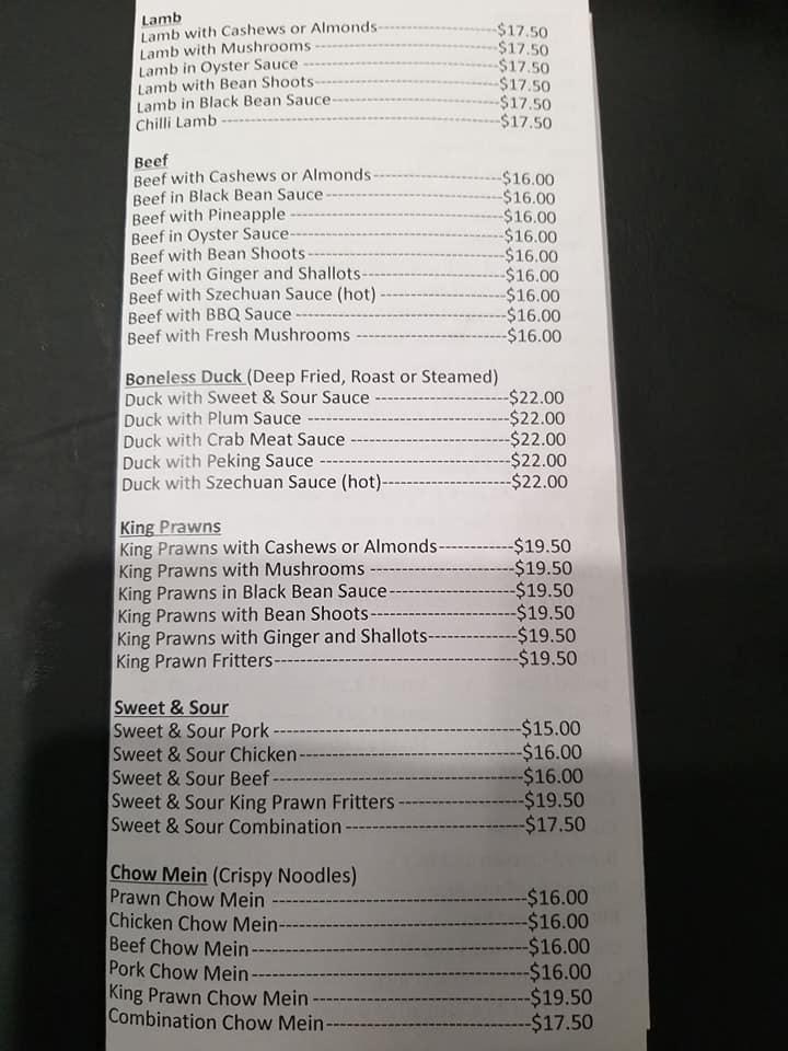 Menu at Ming Hing restaurant, Dubbo