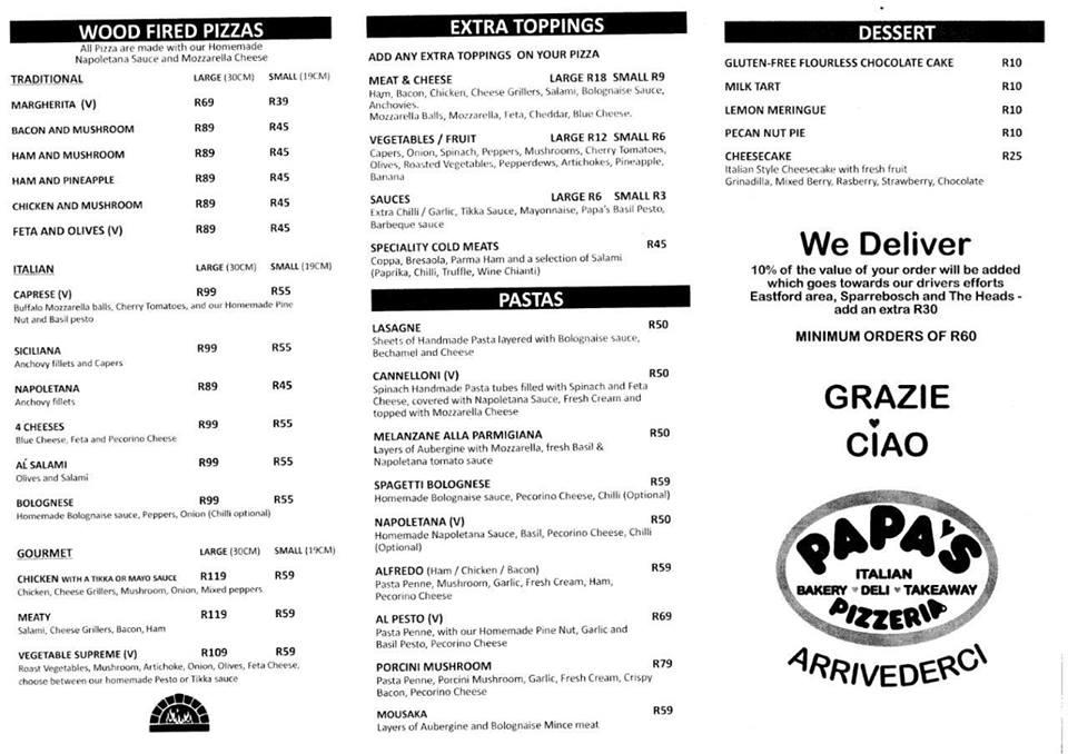 Menu at Papa's Pizzeria, Knysna