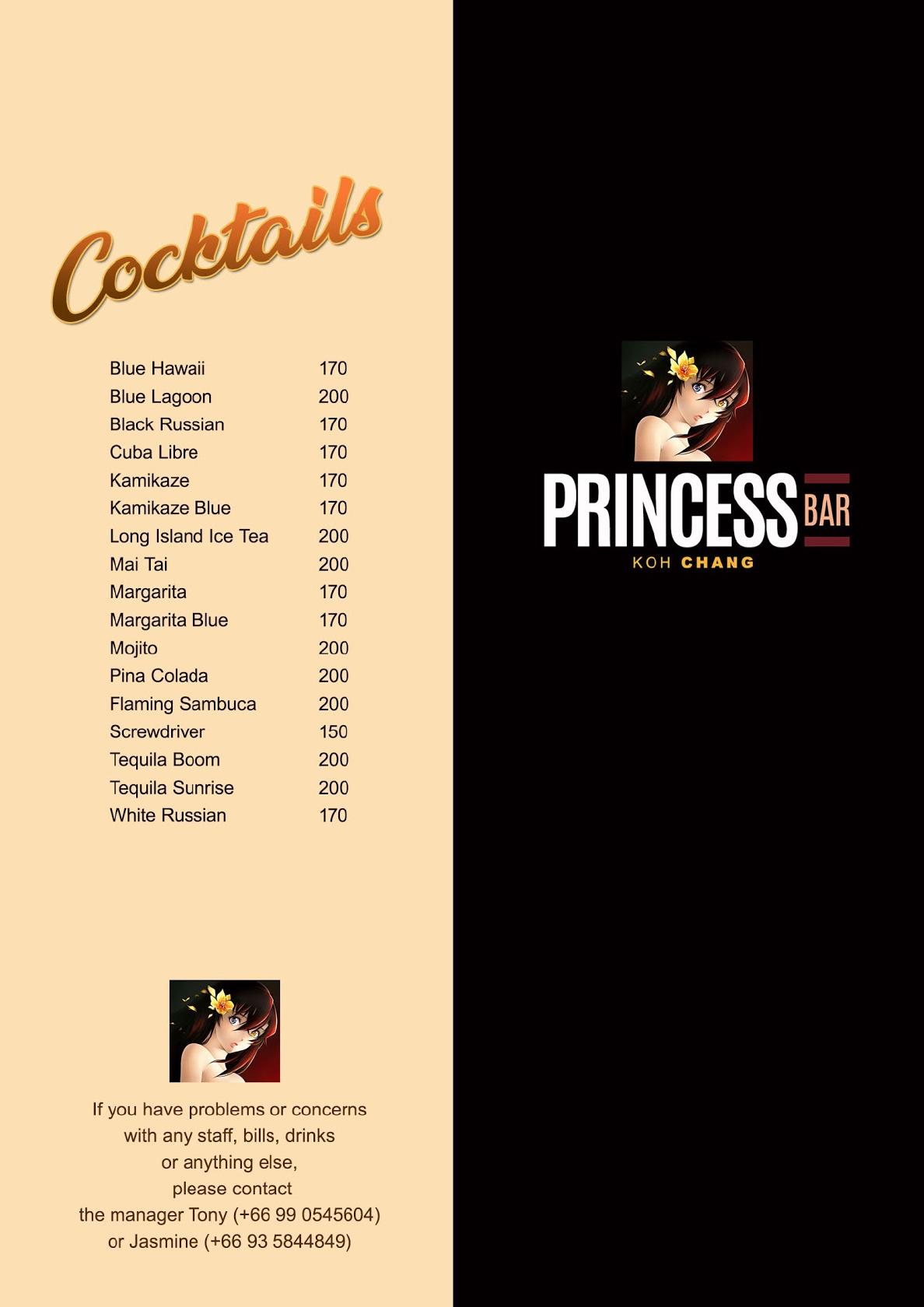 Menu at Princess Bar, Koh Chang Tai