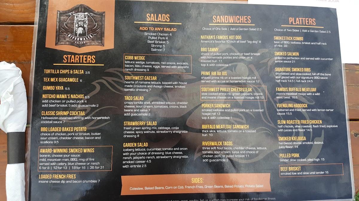 Carta del restaurante Riverwalck Saloon, Parryville, 101 Centre St