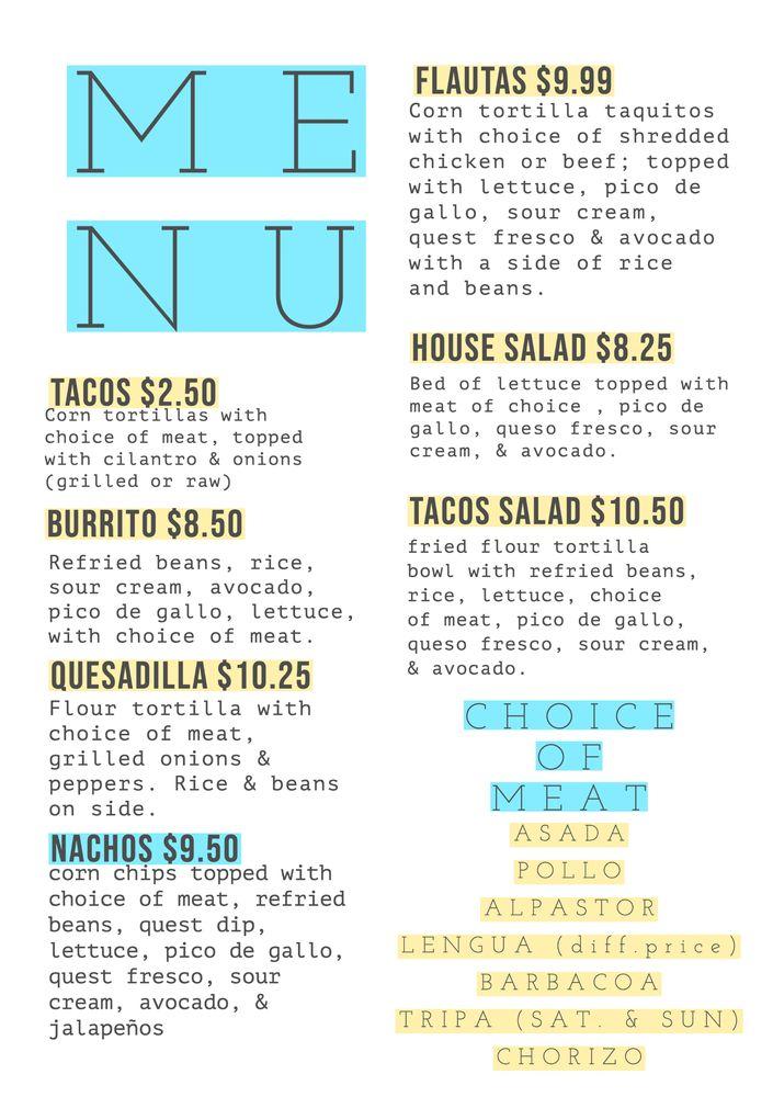 Menu at Taqueria San Luis restaurant, James City
