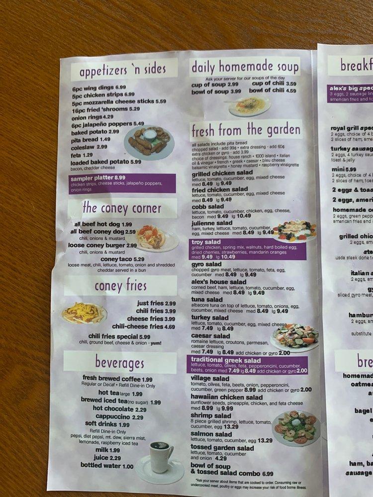 Menu at Alex's Royal Grill restaurant, Troy, Livernois Rd