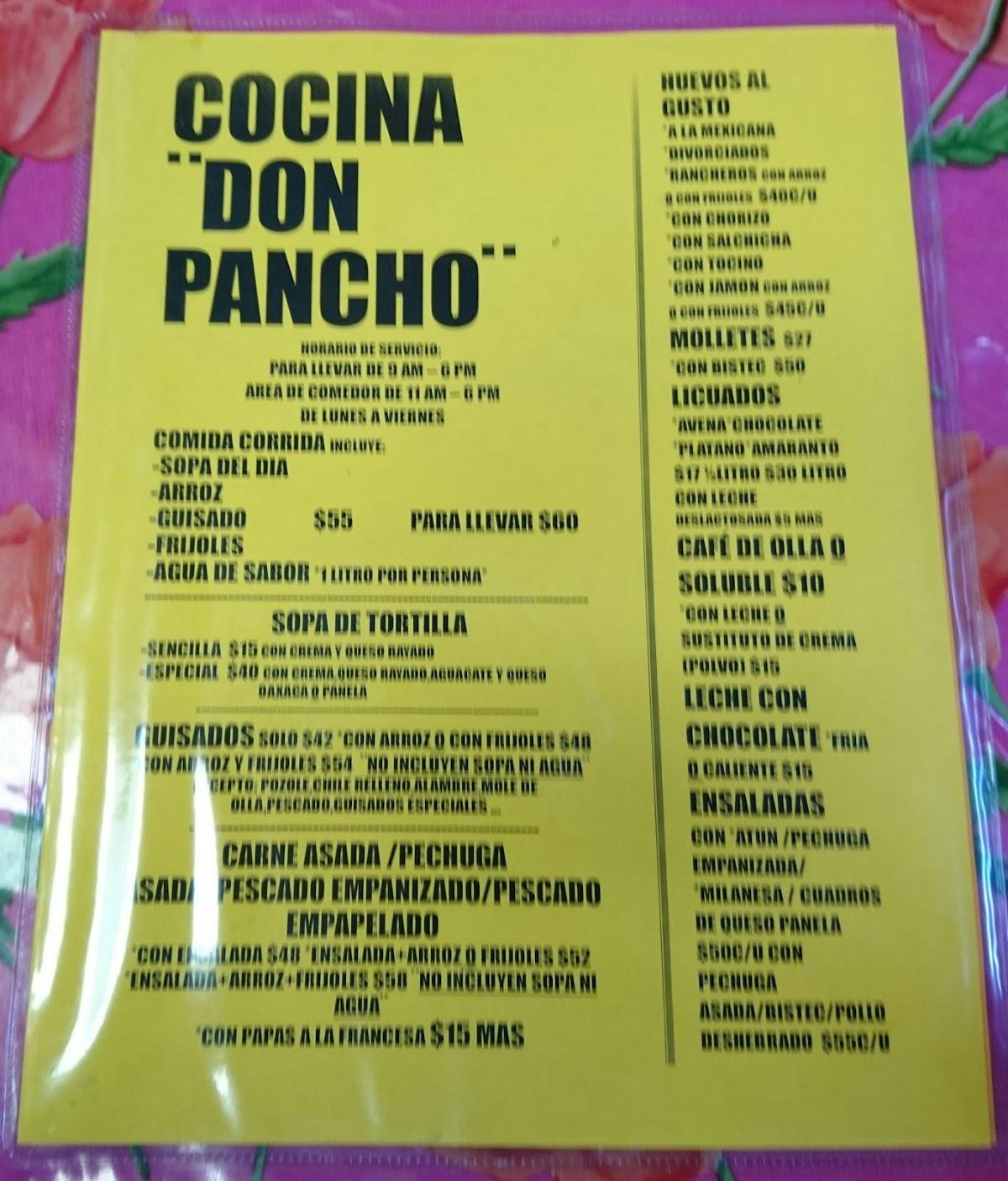 Menu at Cocina "Don Pancho" restaurant, Mexico City, C. 4 Pte. 1