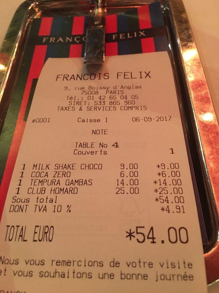 Menu at François Félix restaurant, Paris