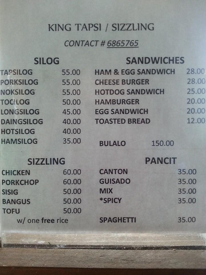 Menu at King Tapsi restaurant, General Trias