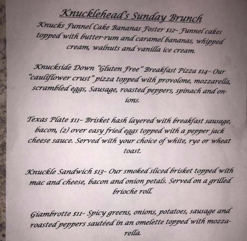 Menu at Knucklehead's Brew House pub & bar, Westmoreland