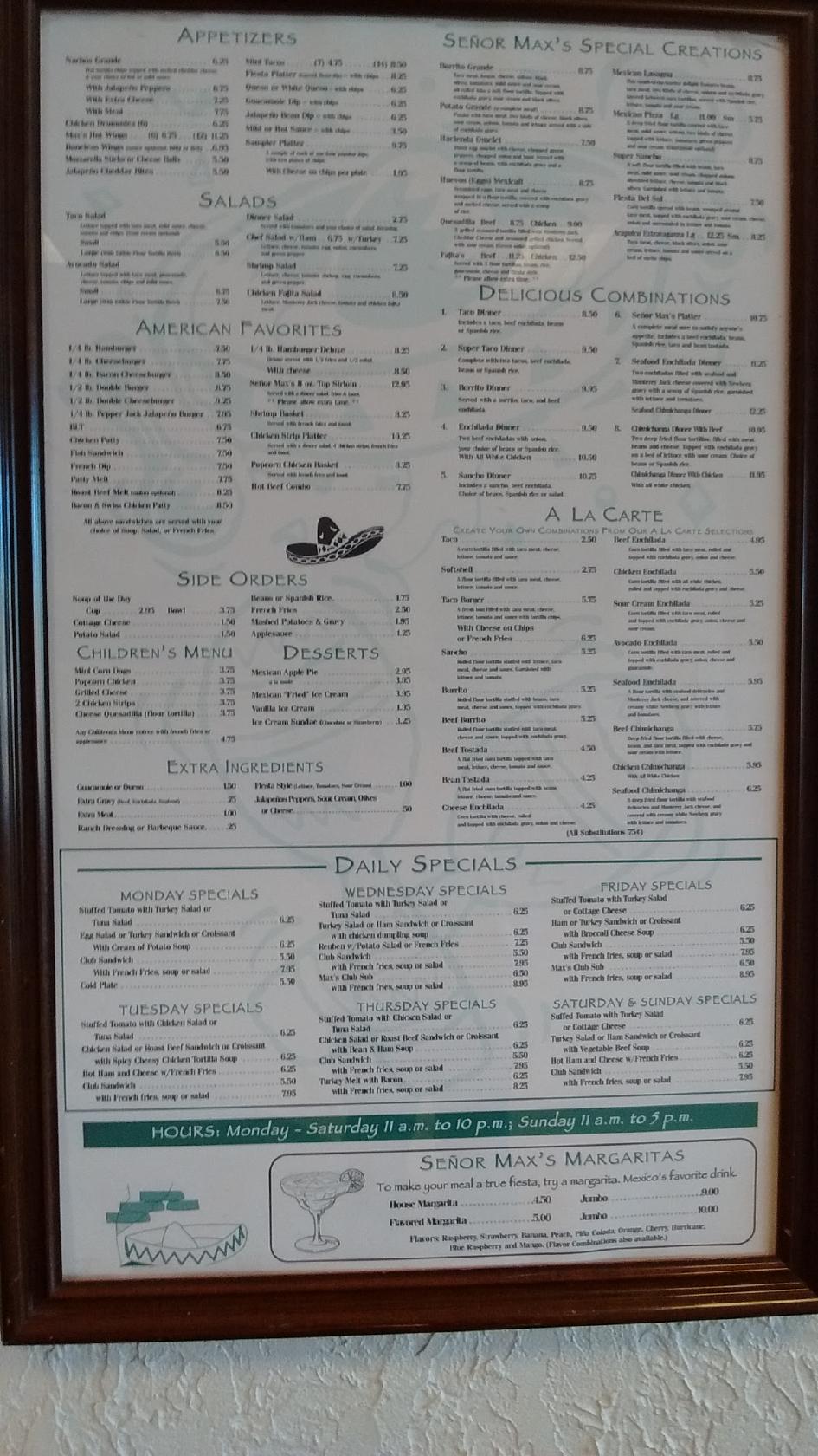 Menu at Senor Max's restaurant, Watertown, 9th Ave SE