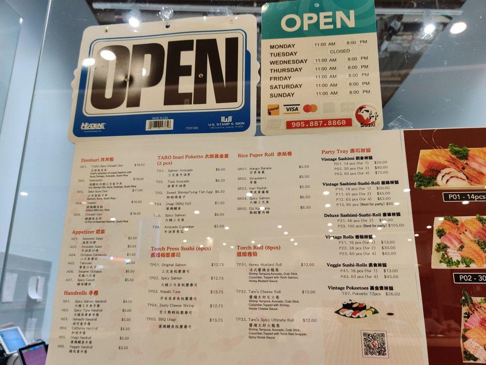 Menu at Sushi Taro restaurant, Markham