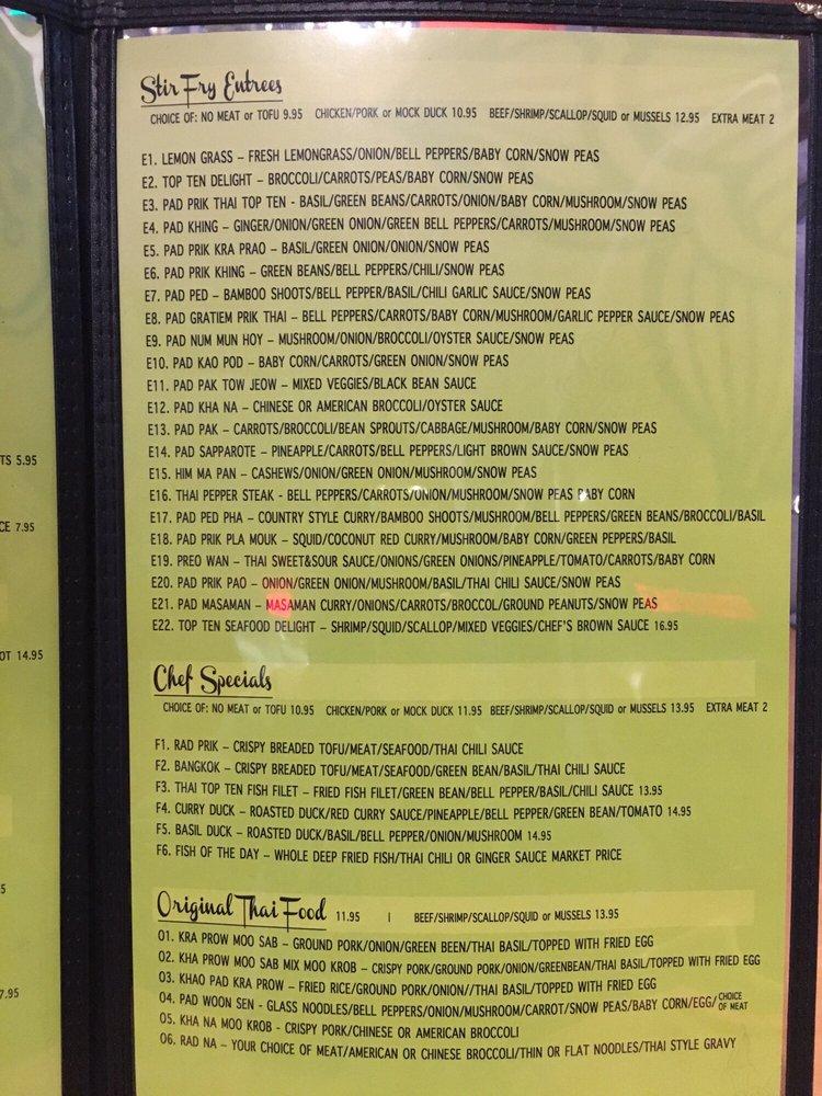 Menu at Thai Top Ten restaurant, Glen Allen, Brook Rd