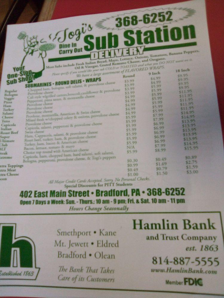 Menu at Togi's Sub Station restaurant, Bradford
