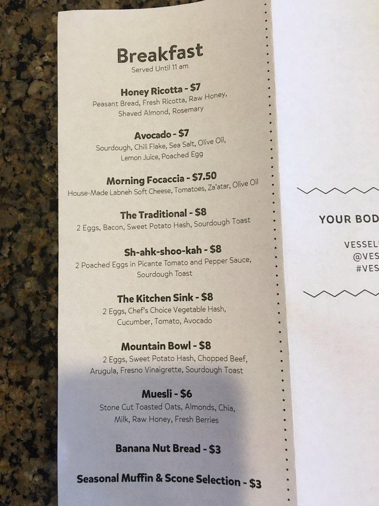 Menu at Vessel Kitchen restaurant, Park City, Uinta Way E1