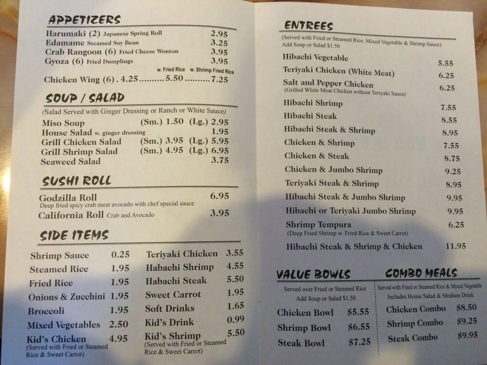 Menu at Edo Hibachi restaurant, Columbia