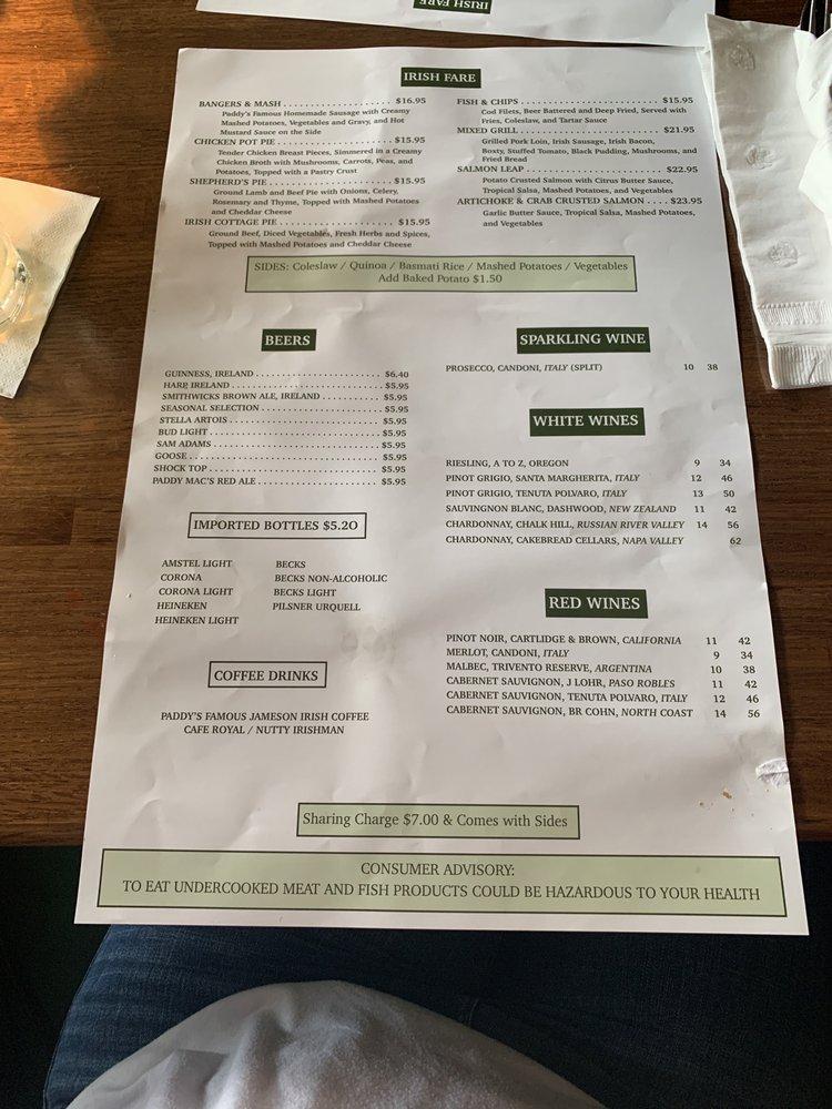 Menu at Paddy Mac's Restaurant, Palm Beach Gardens
