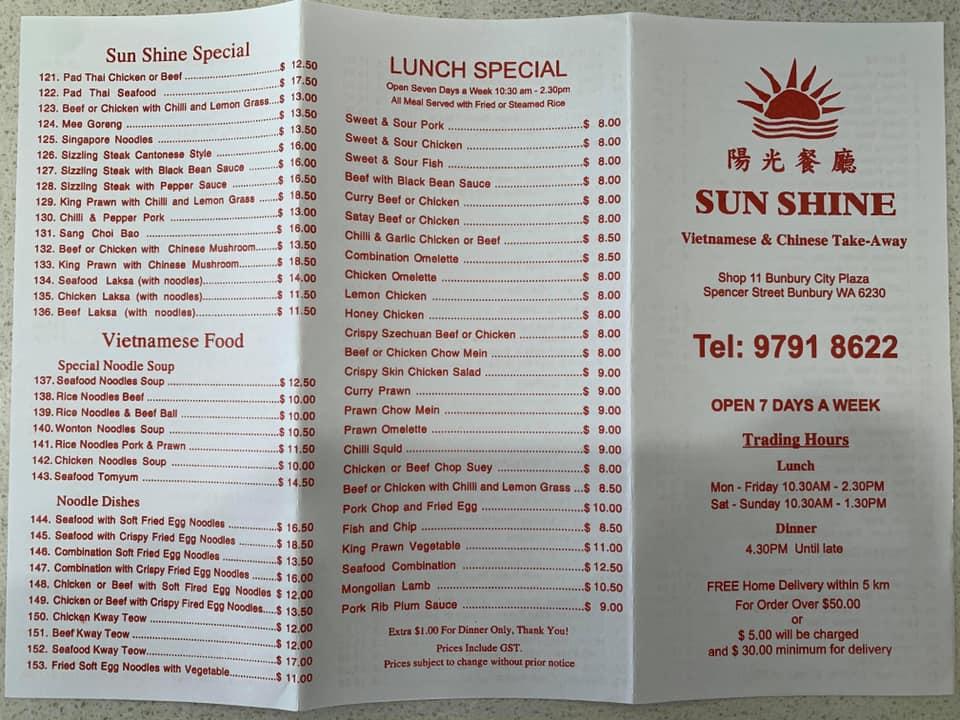 Menu at Sunshine Vietnamese & Chinese Takeaway restaurant, Bunbury ...