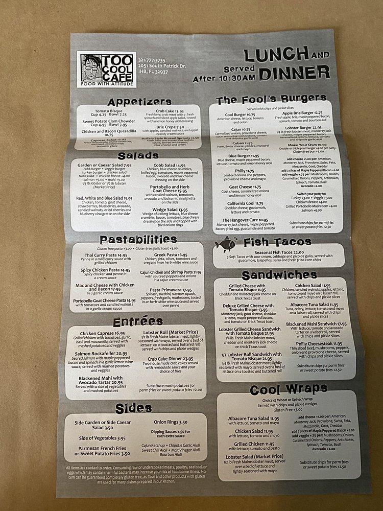 Menu at Too Cool Cafe, Indian Harbour Beach