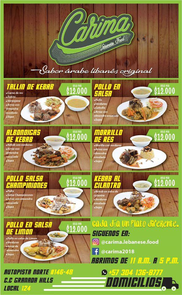 Menu at Carima restaurant, Bogotá
