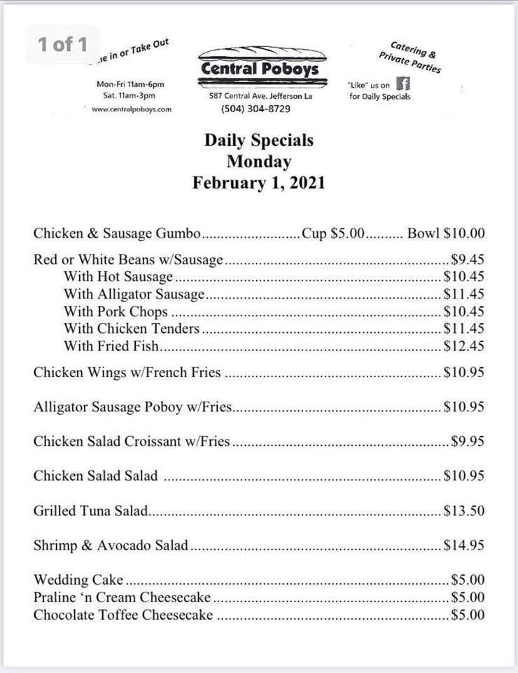 Menu at Central Poboys restaurant, Jefferson