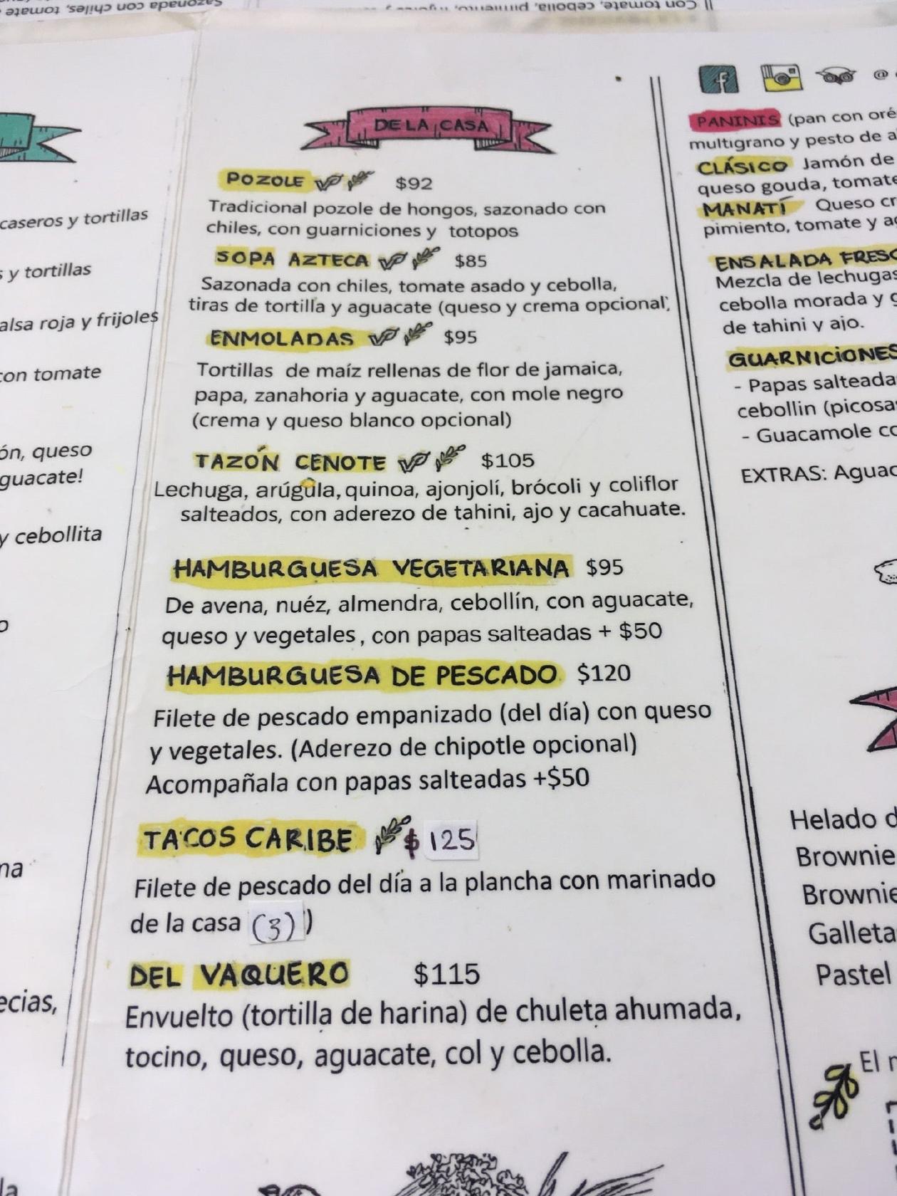 Carta del restaurante El Manatí Bacalar, Bacalar