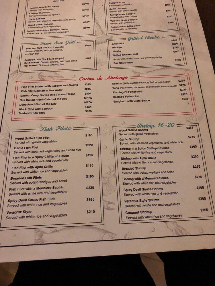 Menu at Flamingos restaurant, Cancún
