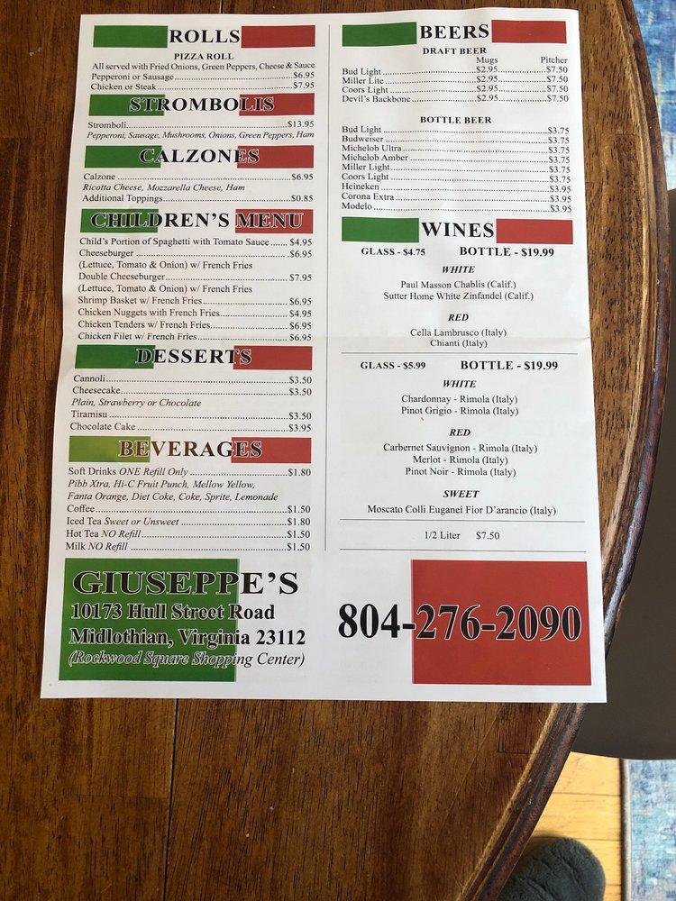 Menu at Giuseppe's Pizza pizzeria, Richmond, Hull Street Rd