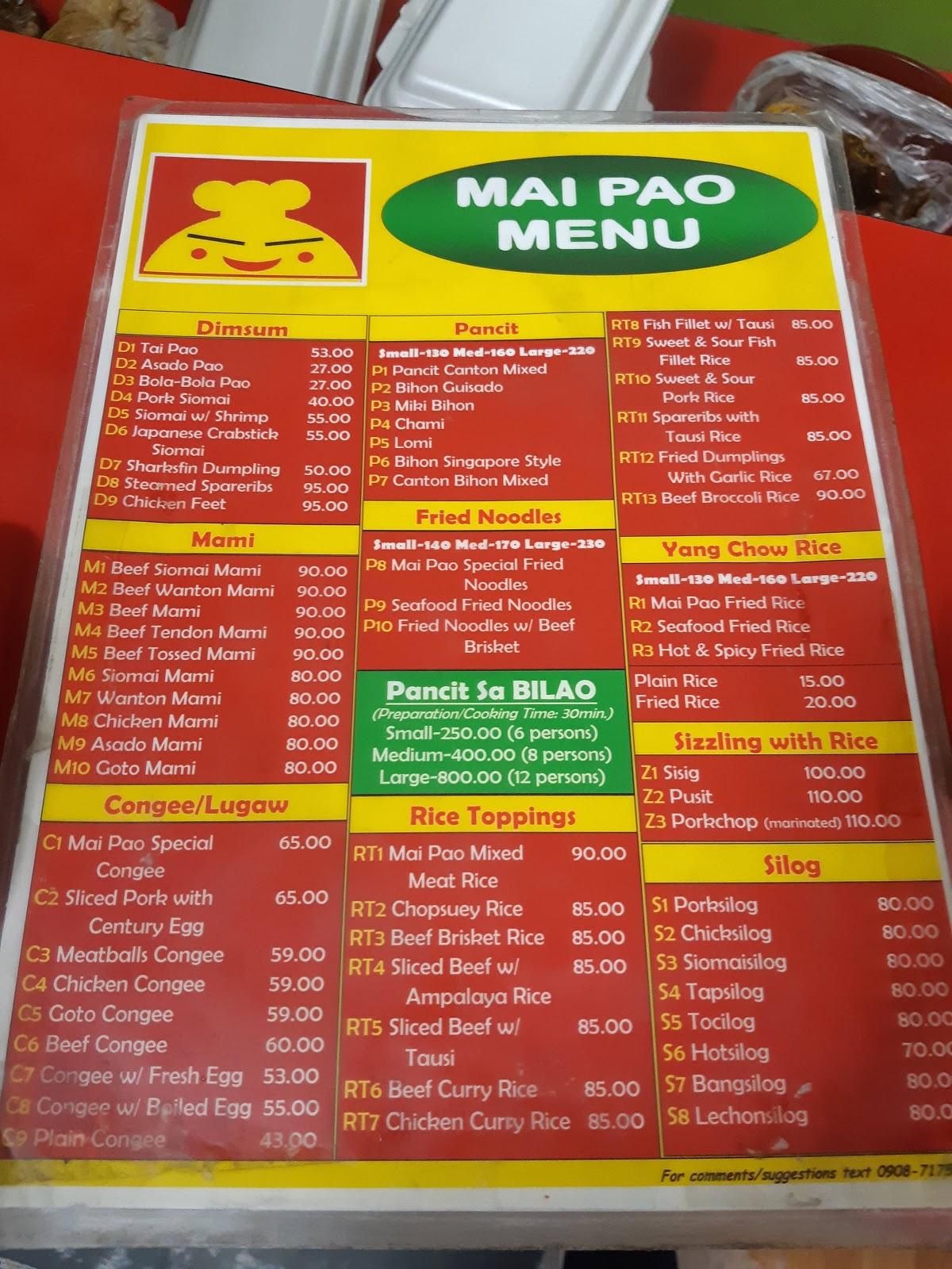 Menu at Mai Pao restaurant, Quezon City, J2G9+5CP
