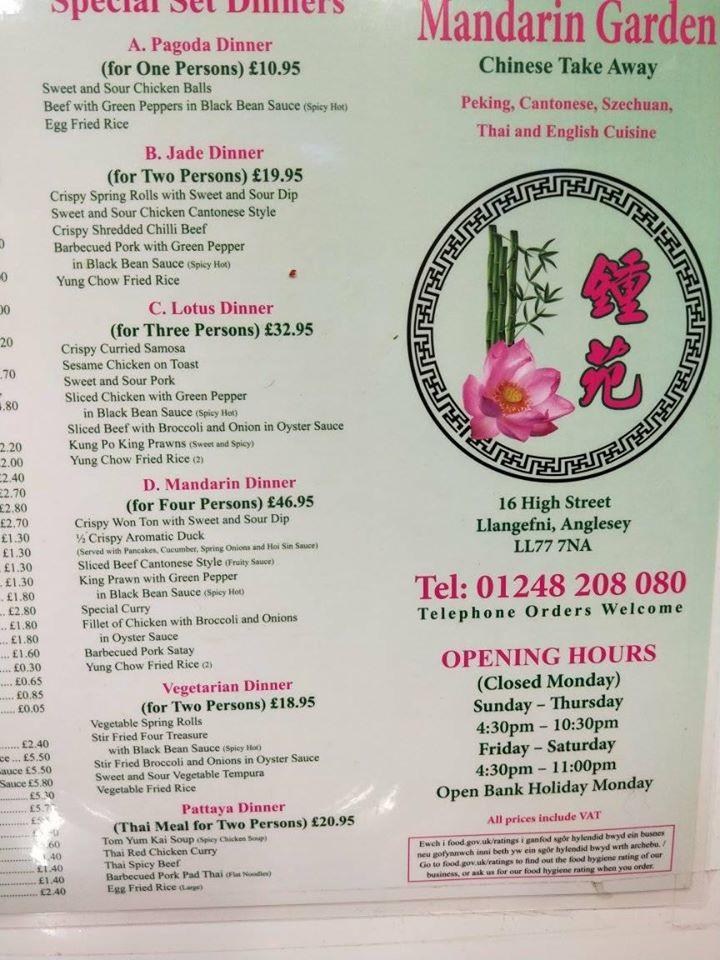 Menu at Mandarin Garden fast food, Llangefni