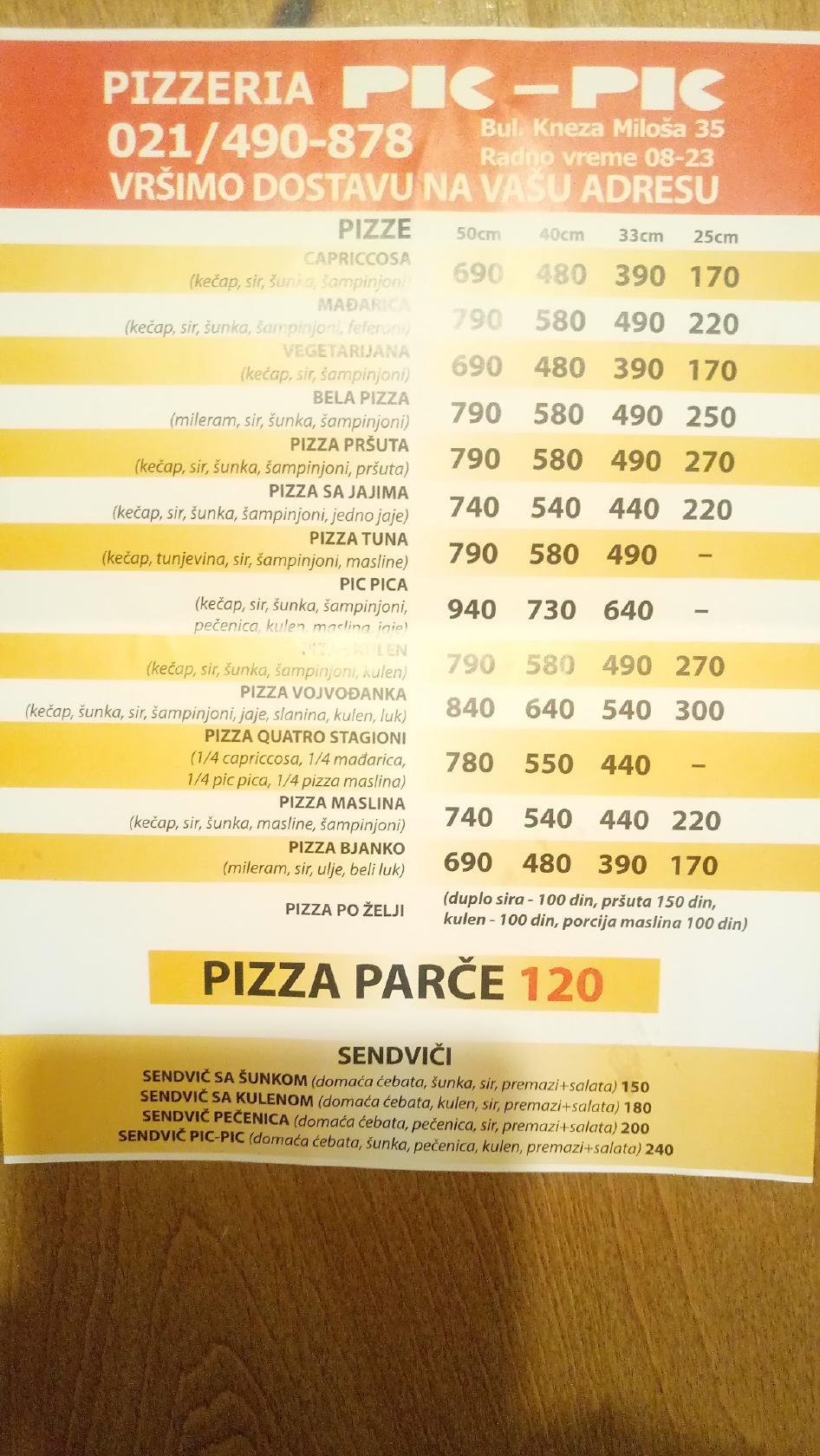 Menu at Pica Pica restaurant, Novi Sad