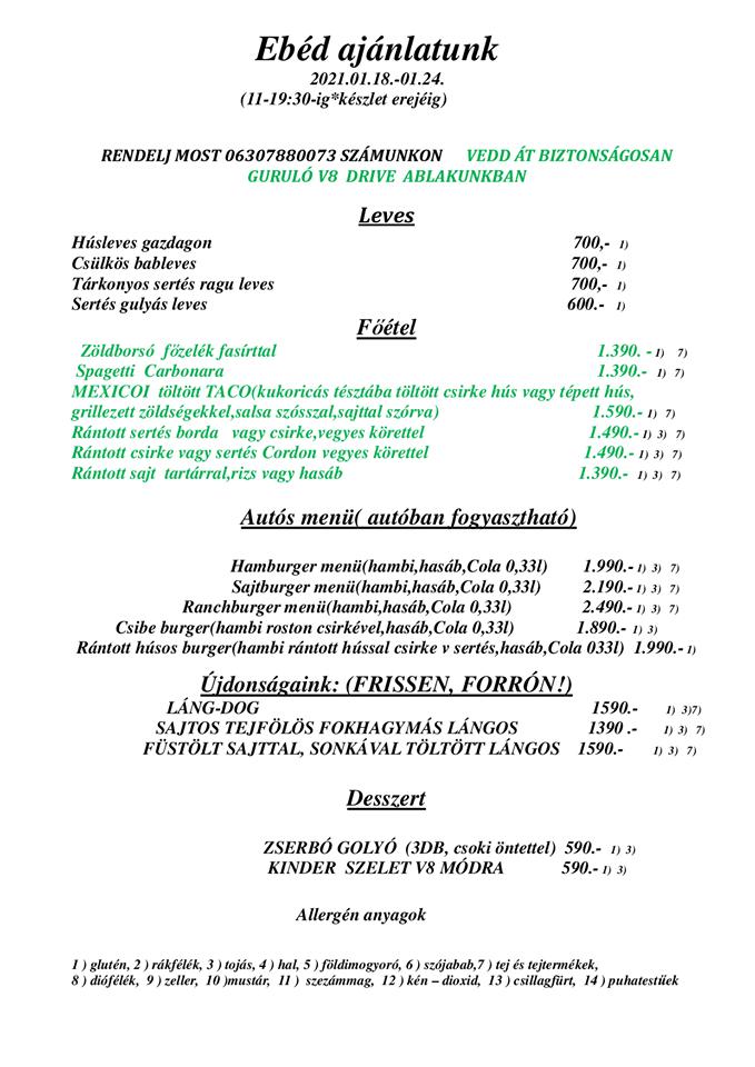 Menu at V8 Vendéglő restaurant, Oroszlány
