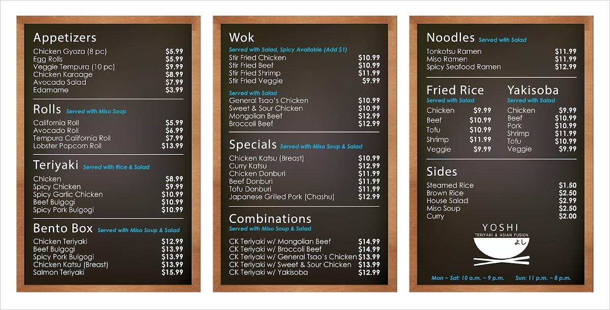 Menu at Yoshi Teriyaki restaurant, Everett, Hwy 99 Suite D