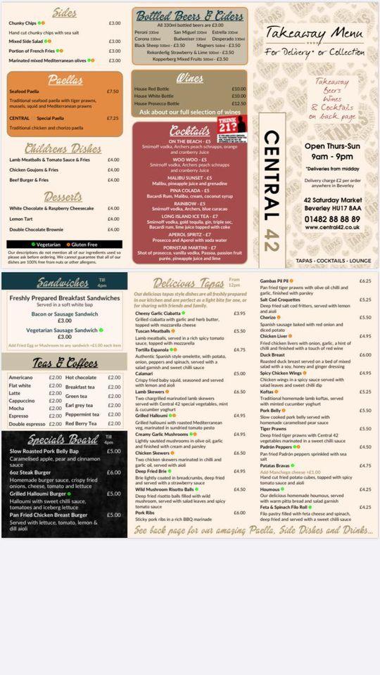 Menu at Central 42 restaurant, Beverley