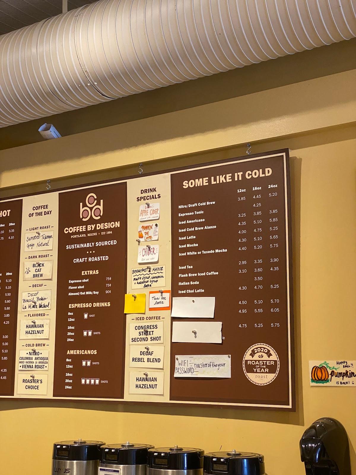 Menu at Coffee By Design cafe, Portland, 620 Congress St