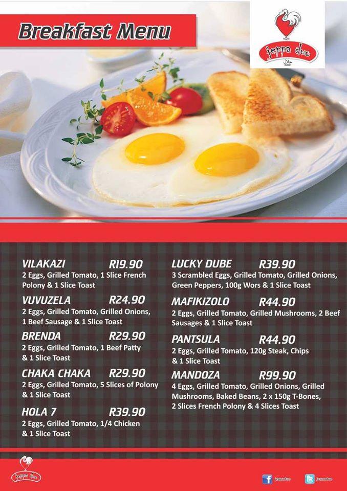 Menu at Jeppa Duo restaurant, Lenasia