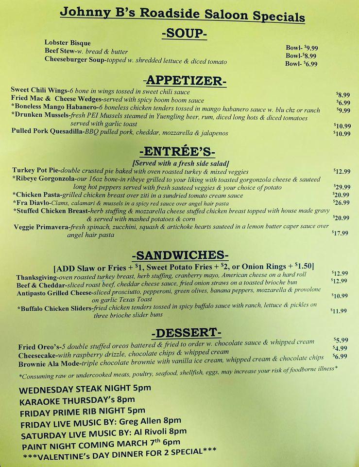 Menu at Johnny B's Roadside Saloon pub & bar, Wolcott