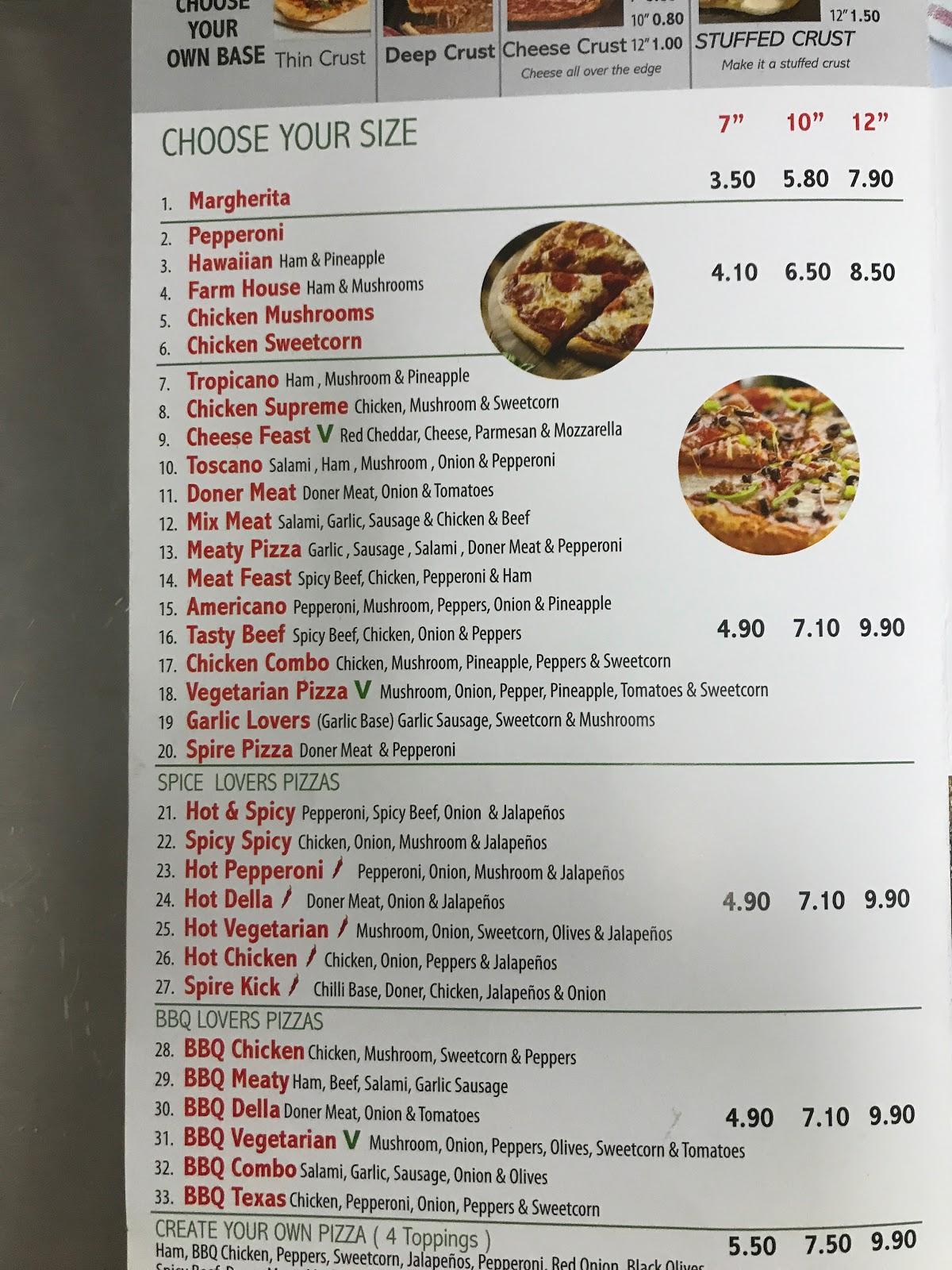 Menu at Spire Pizza pizzeria, Chesterfield
