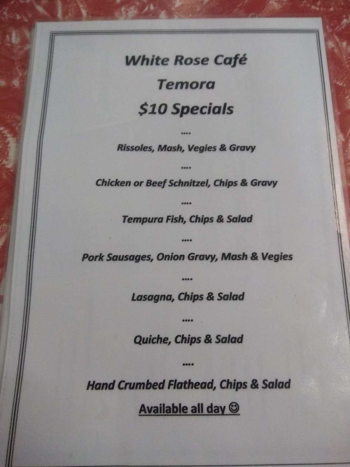 Carta de White Rose Cafe, Temora