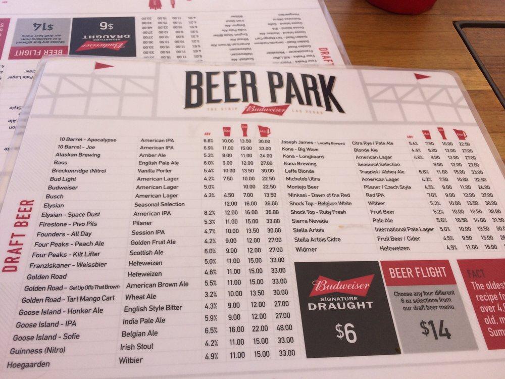 Menu at Beer Park pub & bar, Las Vegas, S Las Vegas Blvd