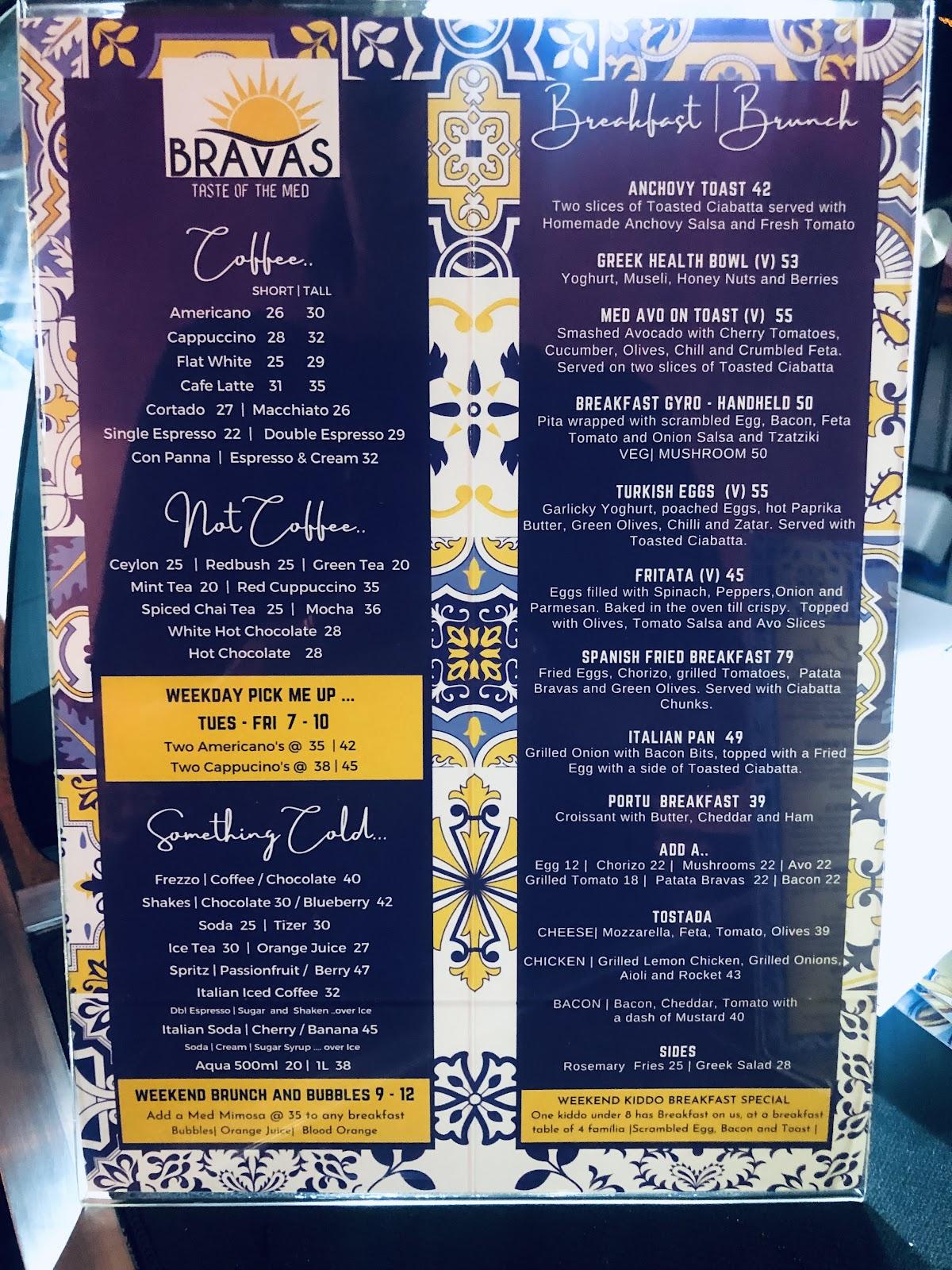 Menu at Bravas restaurant, Randburg