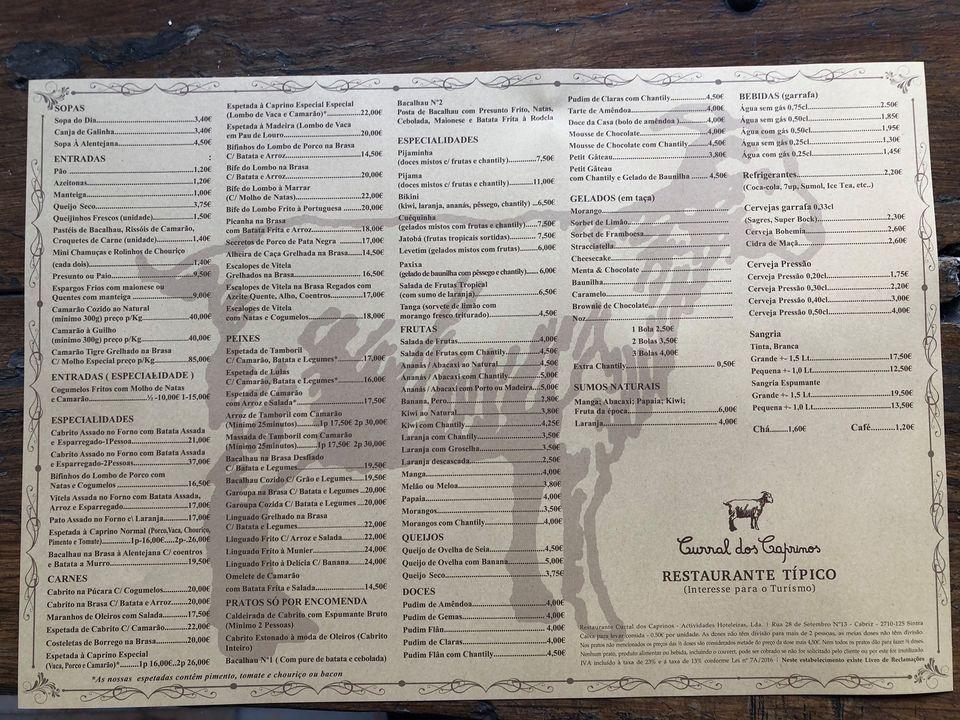 Menu em Curral dos Caprinos restaurante, Sintra, R. 28 de Setembro