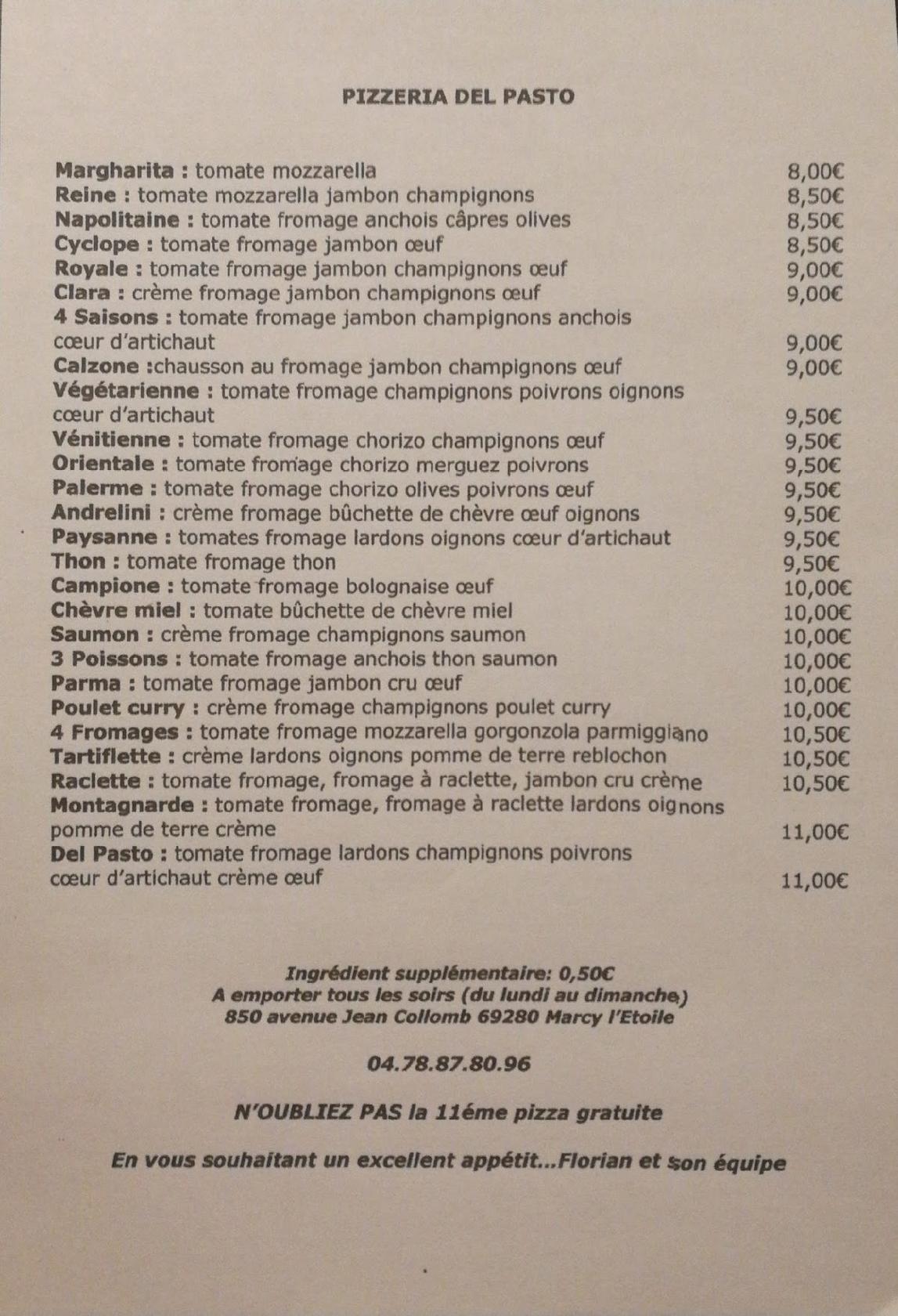 Menu au Del Pasto restaurant, Marcy-l'Étoile