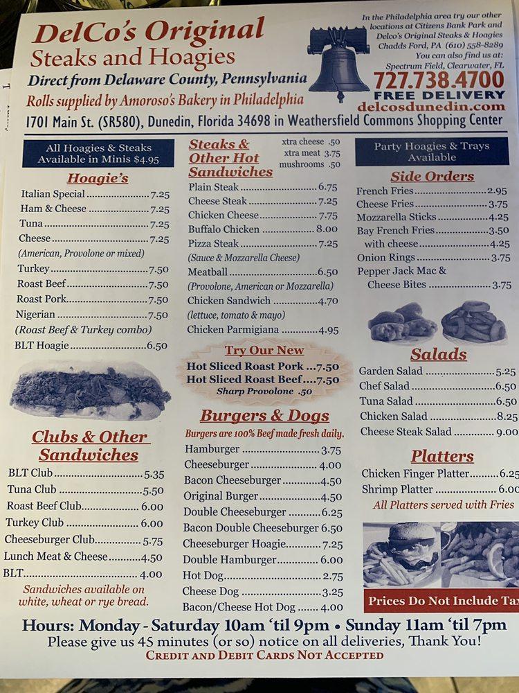 Menu at Delco's Original Steaks steakhouse, Dunedin