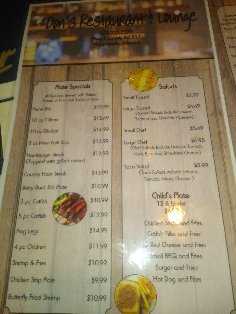 Menu at Don's restaurant and lounge, Wappapello