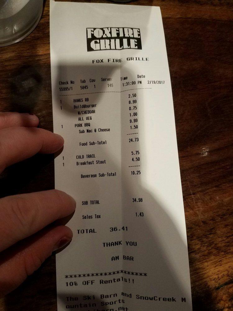 Menu at Foxfire Grille pub & bar, Snowshoe