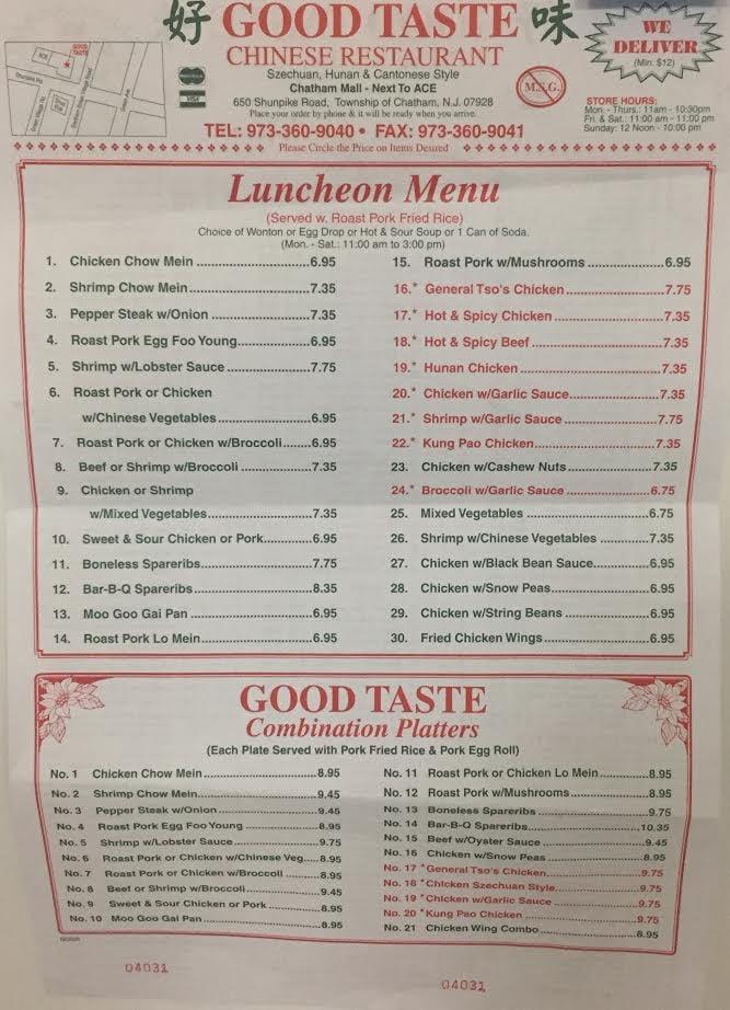 Menu at Good Taste restaurant, Chatham Township