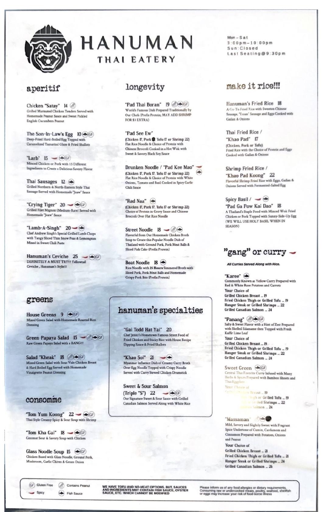 Menu at Hanuman Thai Eatery on Newport restaurant, Costa Mesa