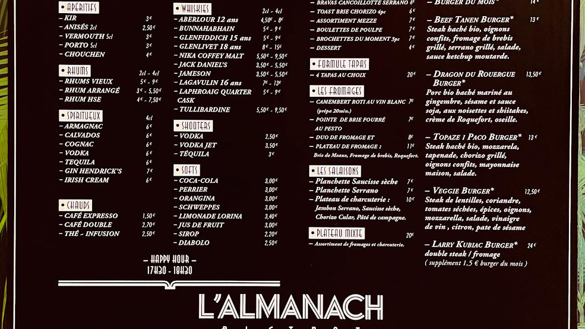 Menu at L'Almanach Bistrot pub & bar, Toulouse
