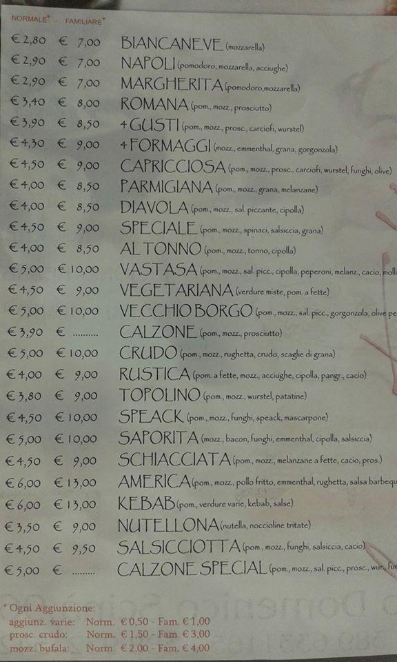Menu au Pizzeria Al Vecchio Borgo, Palerme