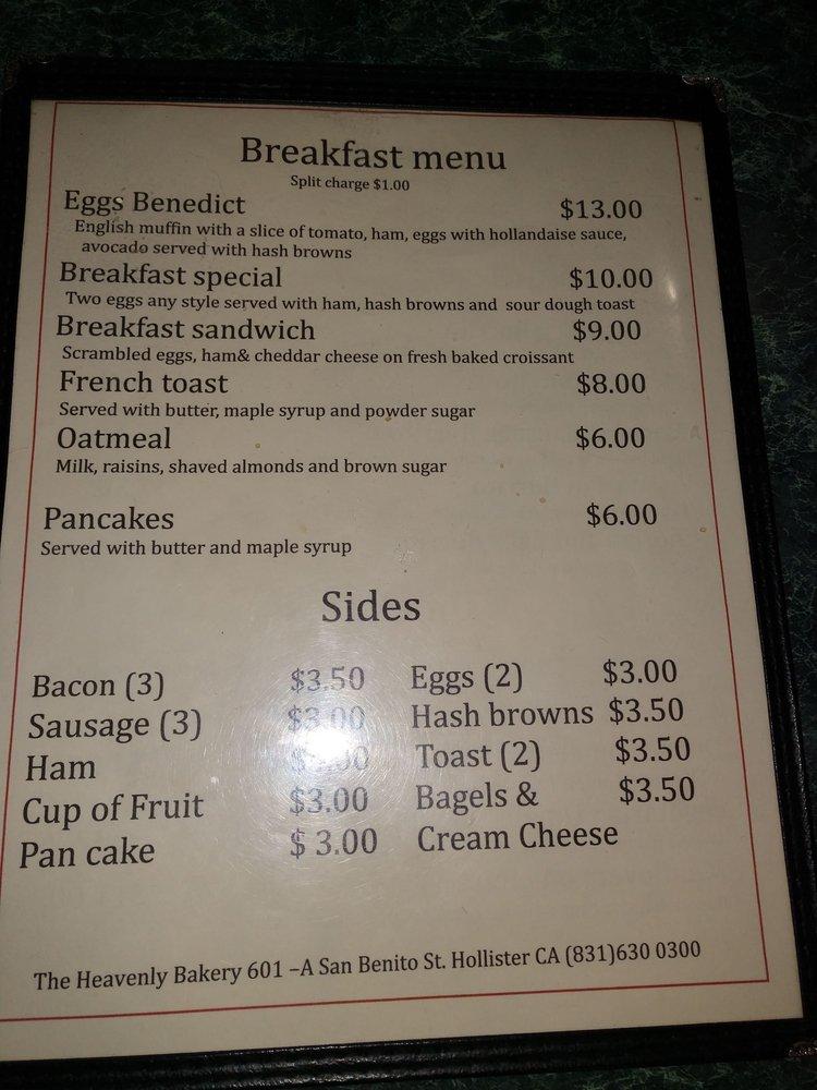Menu at Heavenly Bakery, Hollister
