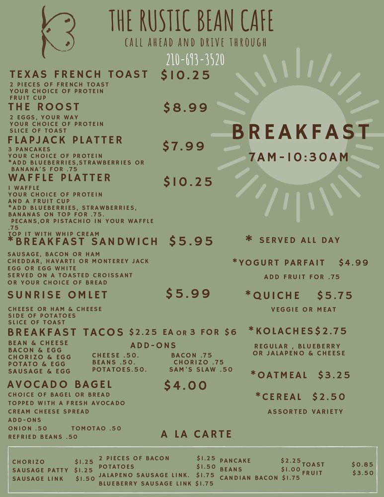 Menu at The Rustic Bean Cafe, Bulverde