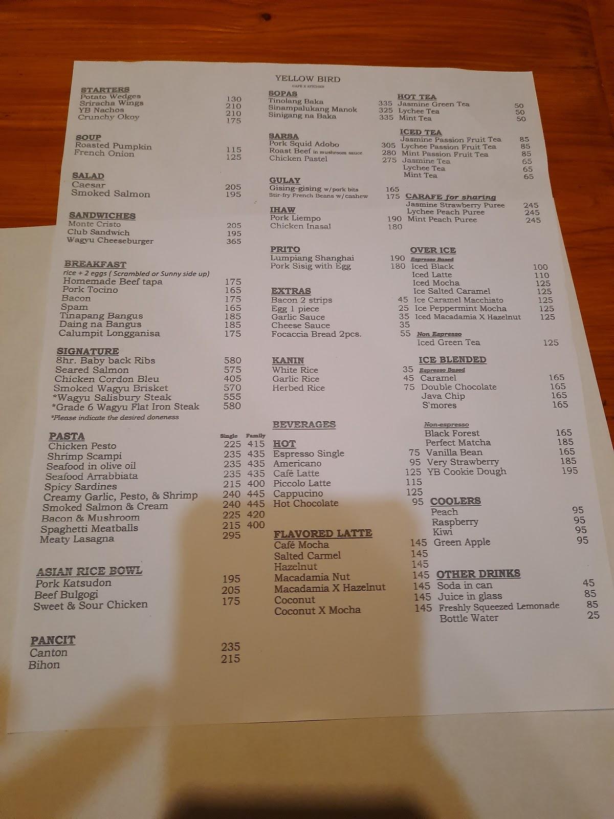 Menu at Yellow Bird Cafe X Kitchen, Antipolo