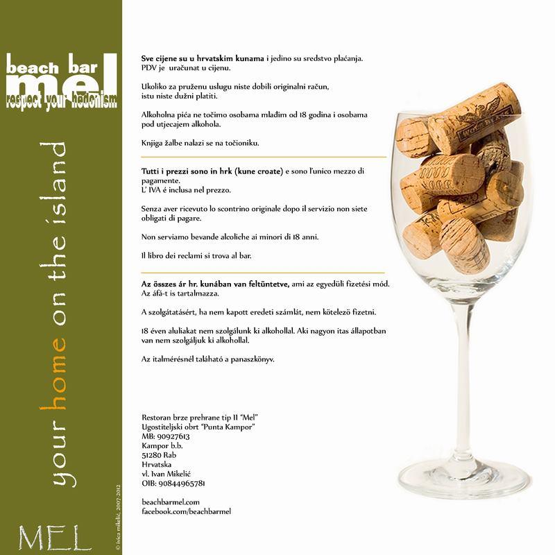 Menu at Beach Bar DEL MAR, Rab, Croatia - Rab - Kampor